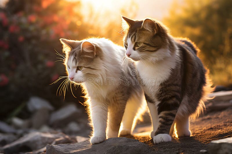 Two Friendly Cats Cuddling on Sunny Spring Evening Stock Illustration ...