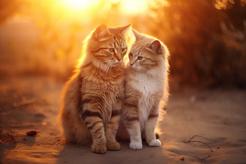 Two Friendly Cats Cuddling on Sunny Spring Evening Stock Illustration ...