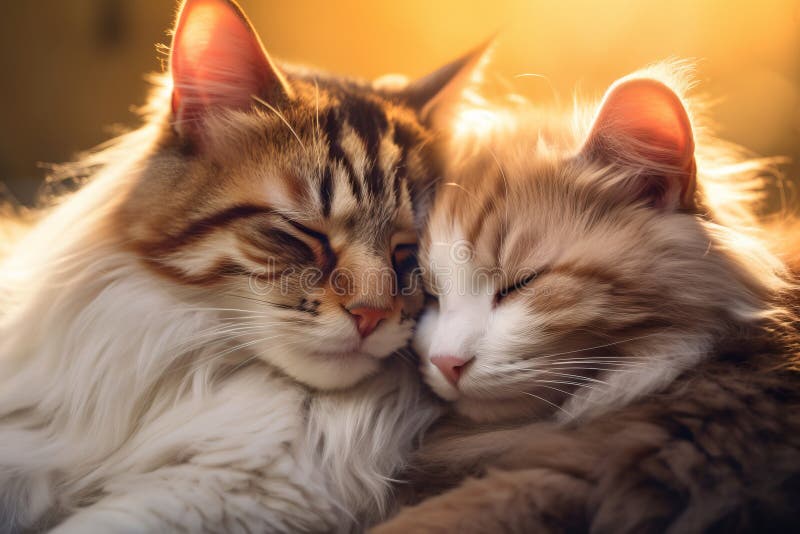 Two Friendly Cats Cuddling on Sunny Spring Evening Stock Illustration ...