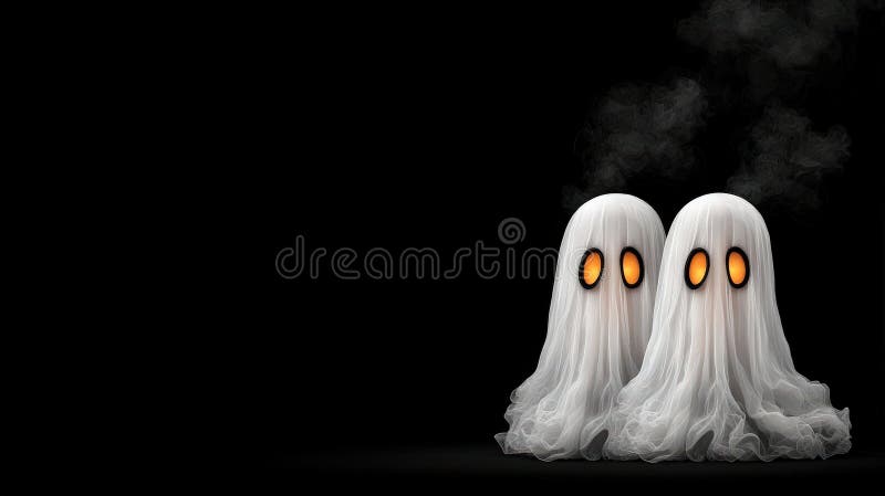 Two Friendly Ghost Figures with Orange Eyes on a Dark Background Stock ...