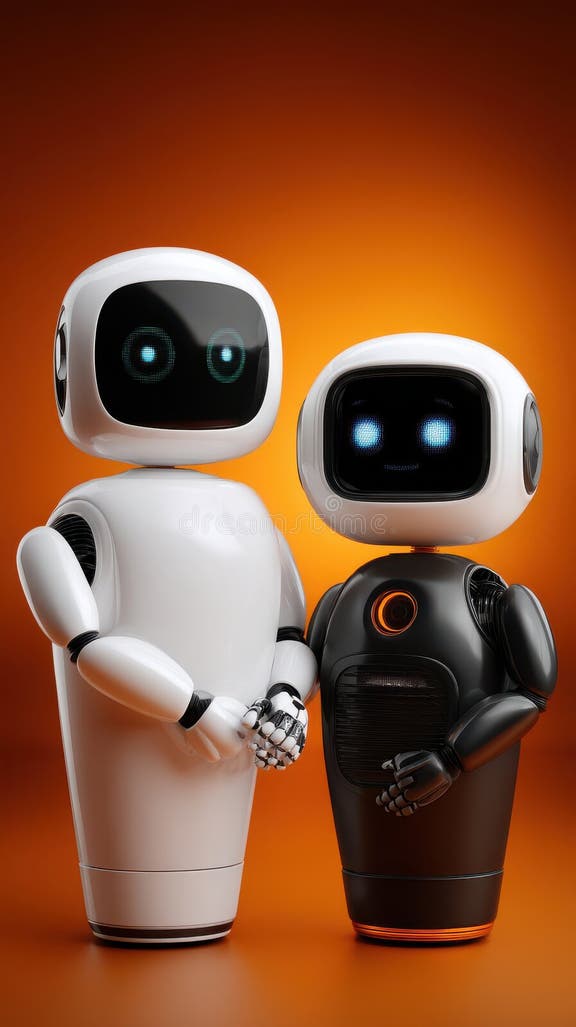 Two Friendly Robots Holding Hands Expressing Partnership or Connection ...