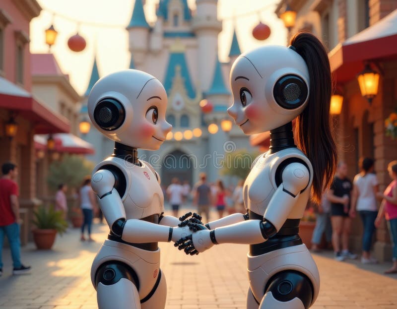 Two Friendly Robots Holding Hands in a Fairytale Setting Stock ...