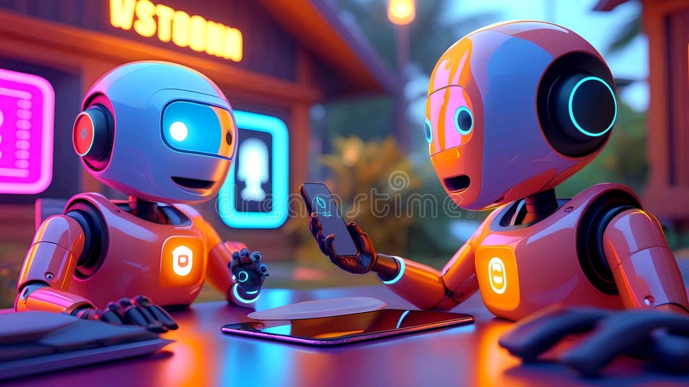 Two Friendly Robots Using Smartphones Stock Illustration - Illustration ...