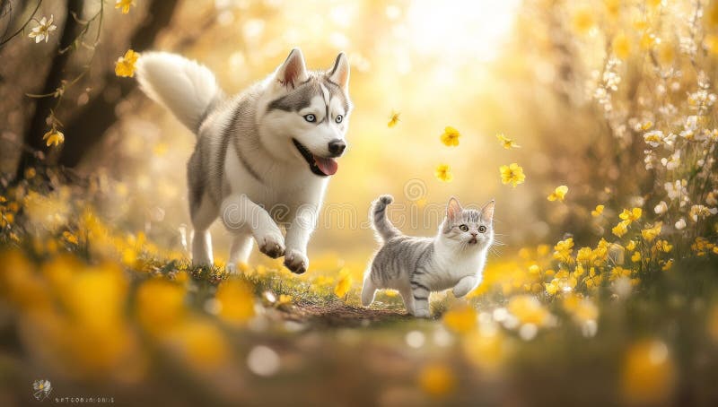 Two Friends, a Cat and a Dog, Run through a Summer Flowering Meadow ...