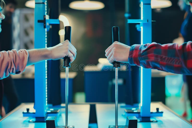 Two Friends Competing, Each with a Hand on Levers Stock Illustration ...