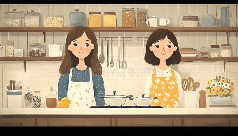 Sisters Cooking in a Cozy Kitchen Stock Illustration - Illustration of ...