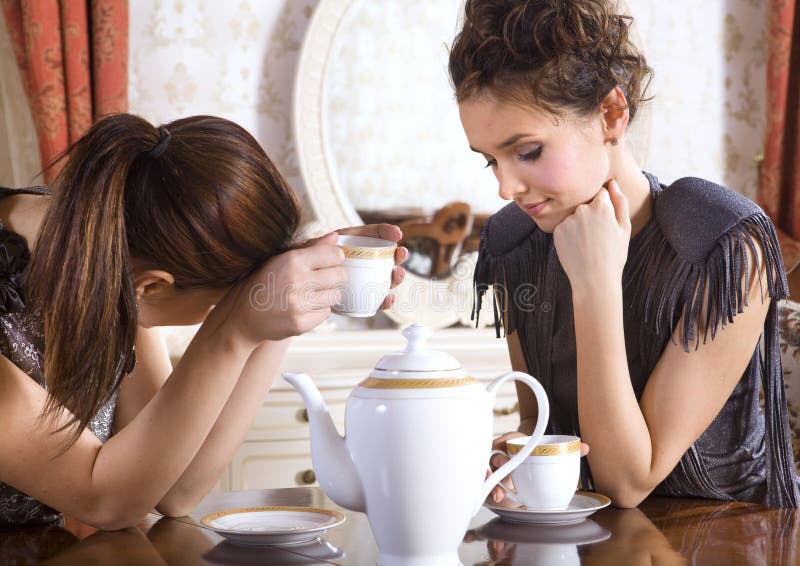 Two girl-friends drink tea stock image. Image of enjoying - 13844457