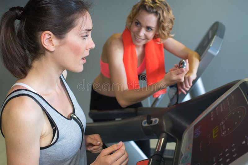 Two Friends at Gym Exercising on Machines Stock Image - Image of ...