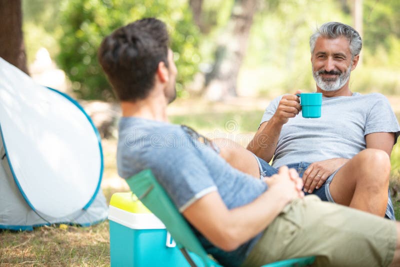 Two Friends Having Rest at Campsite Stock Photo - Image of caucasian ...