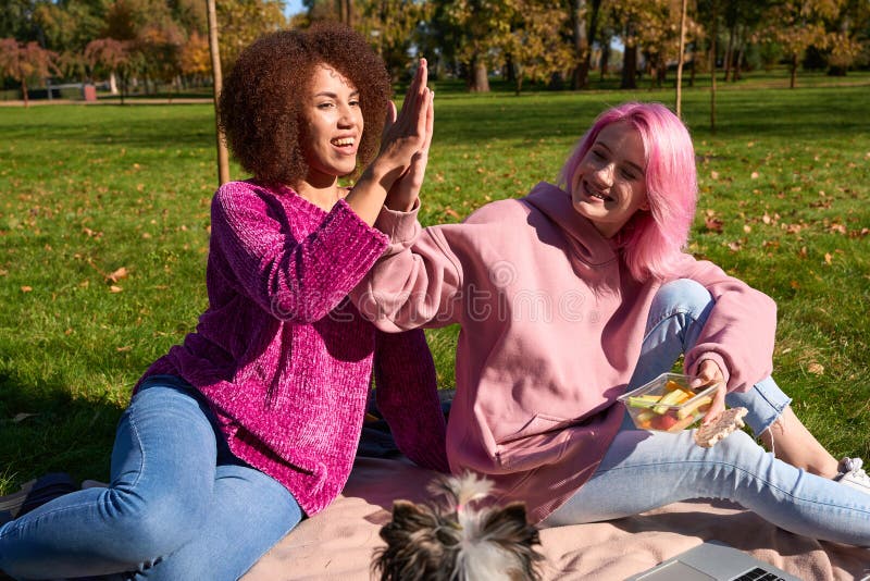 Two Friends High Fiving Each Other At Picnic On Grass Stock Image