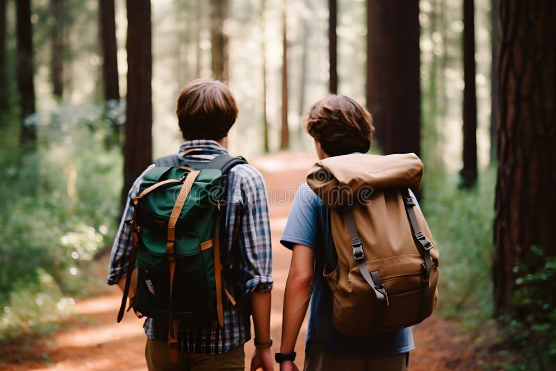 Two Friends Hiking in the Forest. Neural Network AI Generated Stock ...