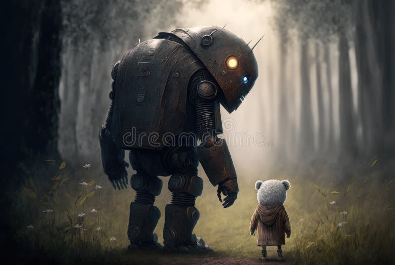 Two Friends - a Large Kind Robot and a Small White Teddy Bear in the ...