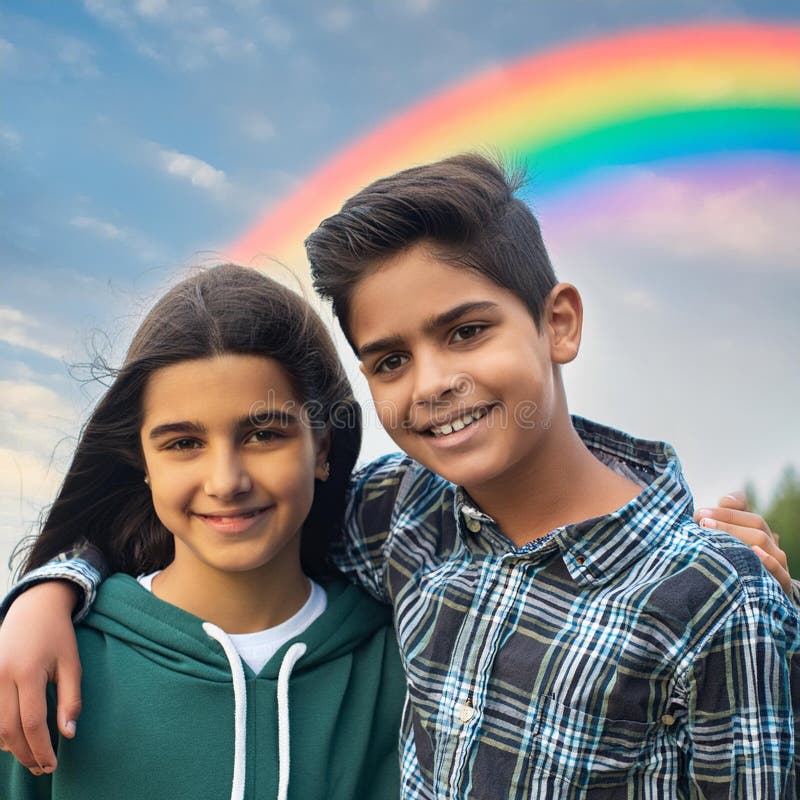 Two Friends Meeting at Rainbow Times Stock Illustration - Illustration ...