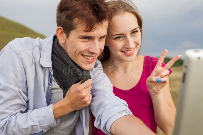 Two Friends with Mobile Phone Taking Selfies. Summer Time. Stock Photo ...