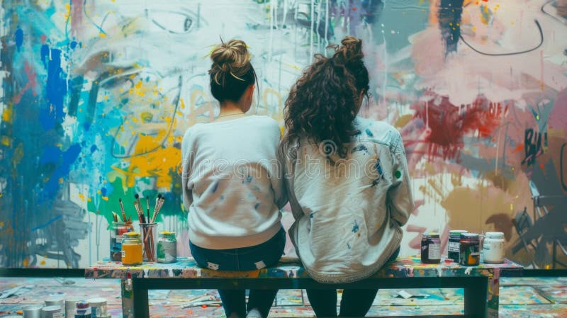 Two Friends Sit on a Bench Backs Facing the Camera. they Both Have ...