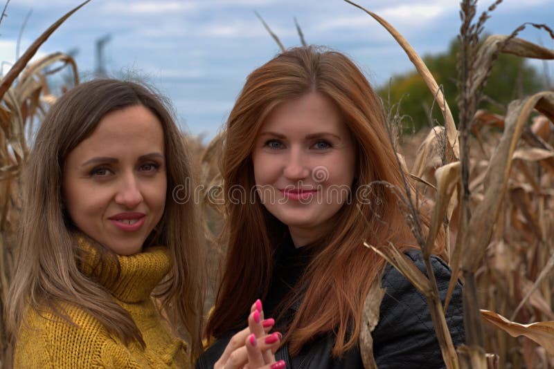 Two Friends Stand Happily in a Dry Cornfield. Stock Photo - Image of ...