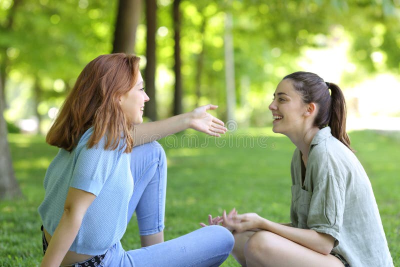 Two Friends Talking Sitting in a Park Stock Photo - Image of grass ...