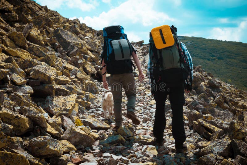 Two Friends Travel in Mountains with Backpacks Stock Image - Image of ...