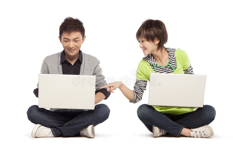 Two Friends Using Laptop Computers Stock Image - Image of clothing ...