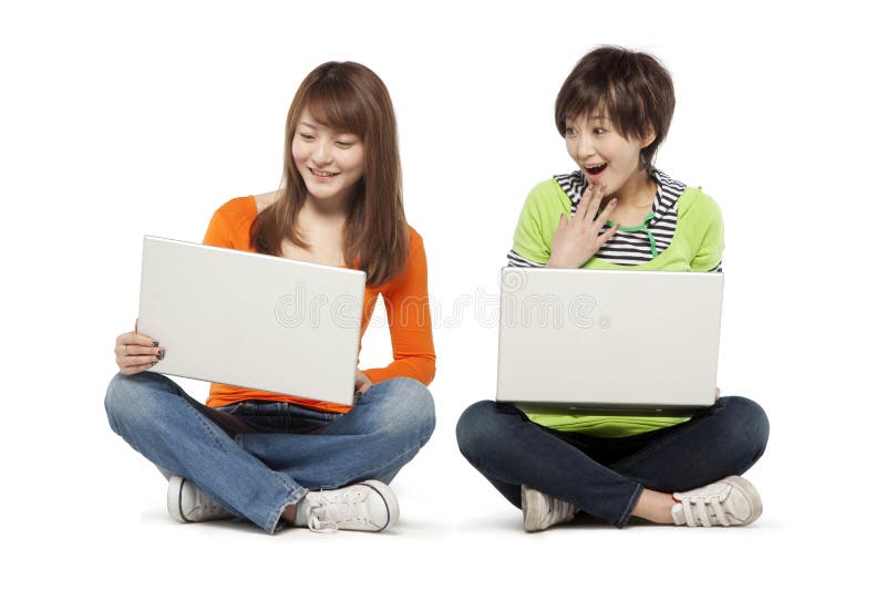 Two Friends Using Laptop Computers Stock Image - Image of friendship ...