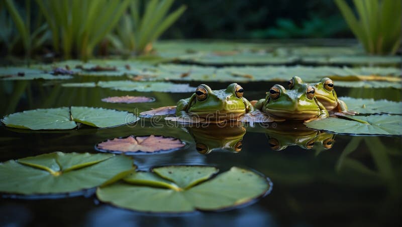 Two Frogs Emerging from the Pond Stock Illustration - Illustration of ...