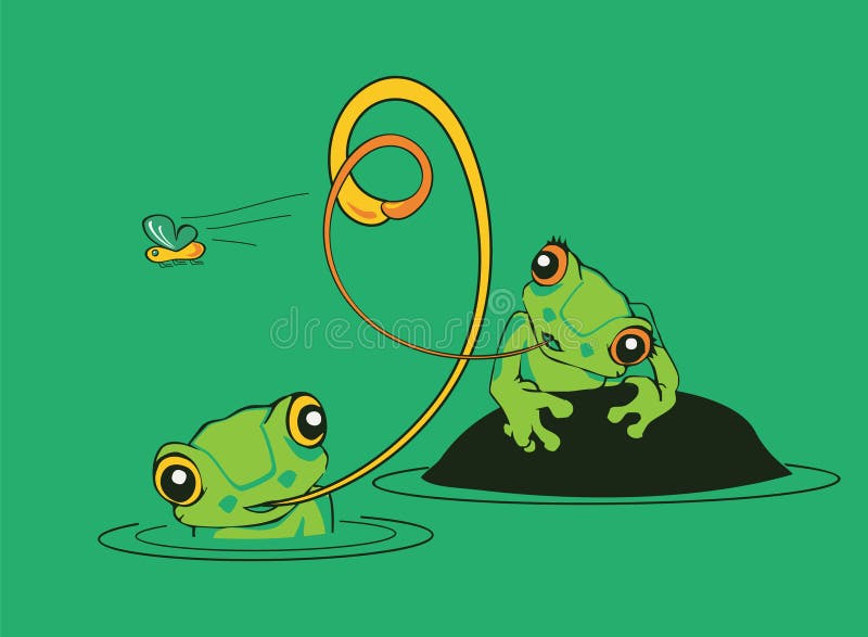 Two Frogs in a Pond Trying To Catch a Fly Stock Vector - Illustration ...