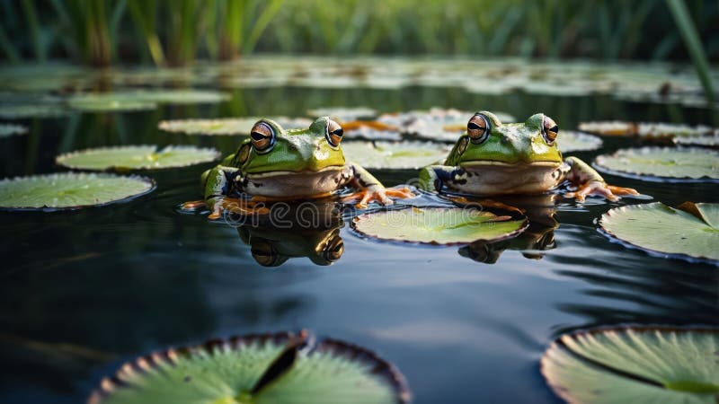 Two Frogs Resting on Lily Pads in a Tranquil Pond Surrounded by Lush ...