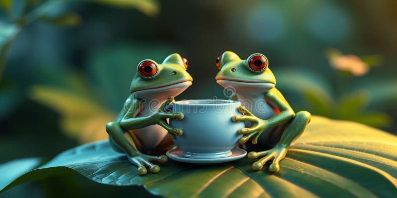 Two Frogs Share a Cup of Tea on a Leaf Stock Illustration ...