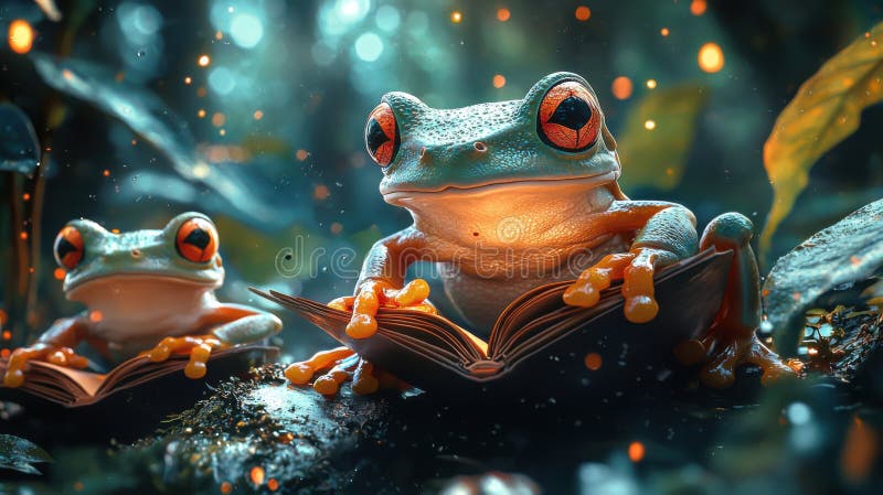 Two Frogs Sit on an Open Book in a Forest, with Glowing Particles ...