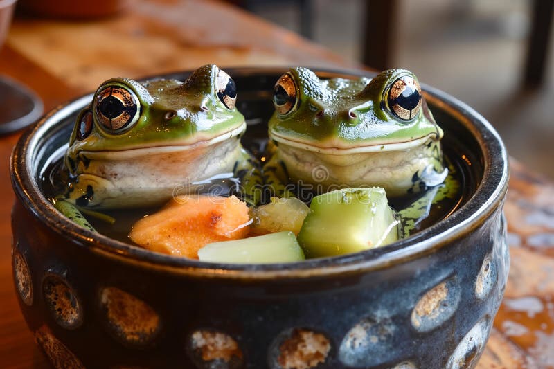 Two Frogs Sitting in a Bowl of Food on a Table Stock Photo - Image of ...