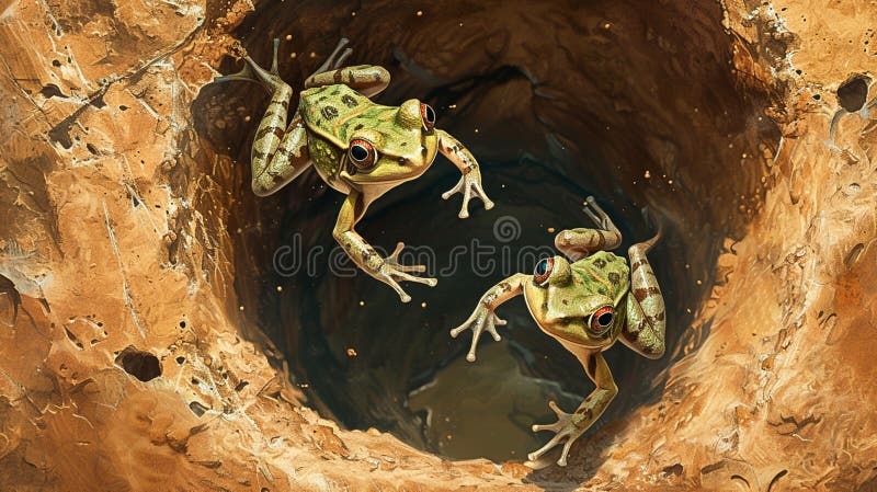 Two Frogs that are Sitting in a Hole in the Dirt Stock Illustration ...