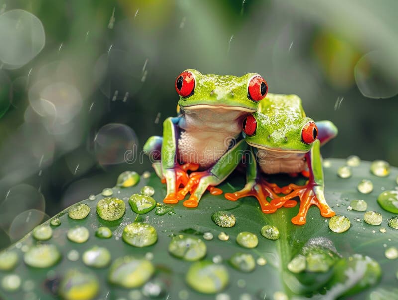 Two Frogs Sitting on a Leaf in the Rain, Natural Scene Stock Photo - Image of frogs, life: 387942364