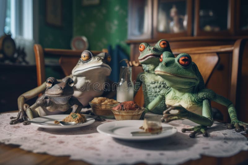 Two Frogs Sitting at a Table with Plates of Food. Generative AI Image ...