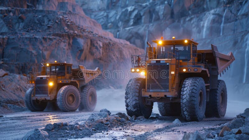 Two Front Loaders Facing Opposite in a Rock Quarry at Dusk Stock ...