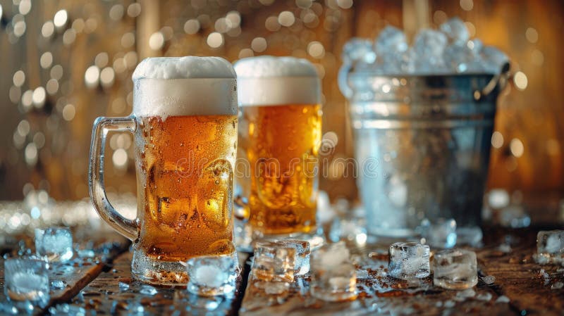 Two Frosty Beer Mugs with Foam, Ice Cubes, and a Bucket of Ice. Stock ...