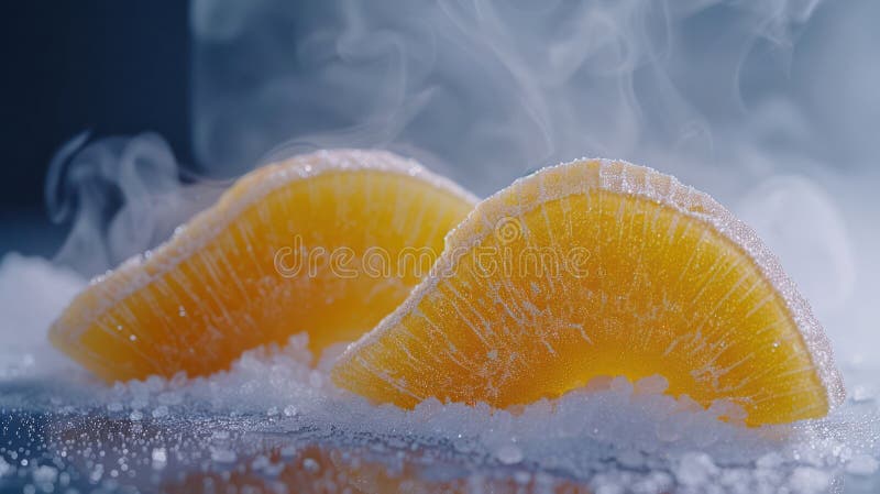 Frozen Orange Slices on Ice with Smoke, Refreshing Citrus Fruit Stock ...