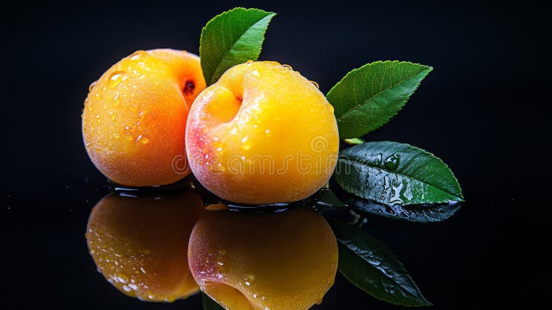 Two Fruits Rest on a Table Next To a Leaf and Water Droplets on a Dark ...