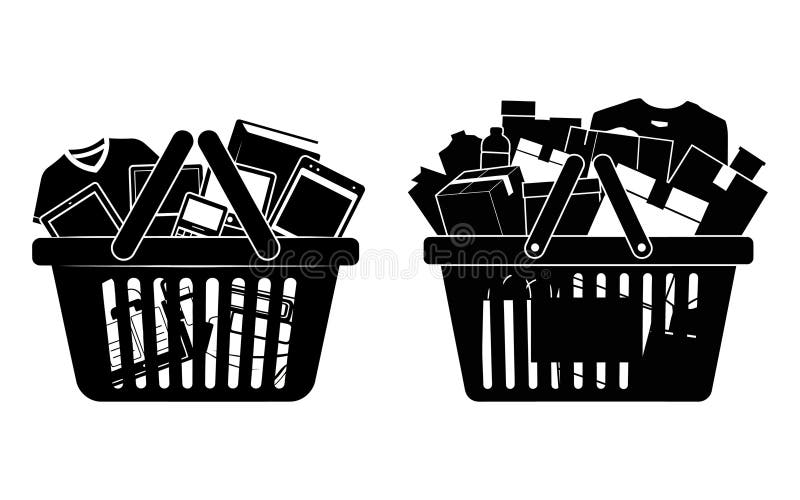 Two Full Shopping Baskets, Baskets Overflowing with Goods Stock Vector ...