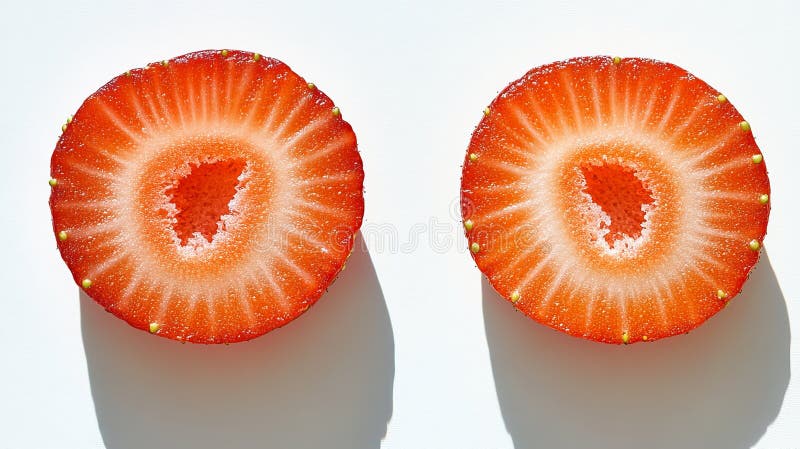 Two Fully Ripened Strawberries are Present, with One Having Been Cut ...