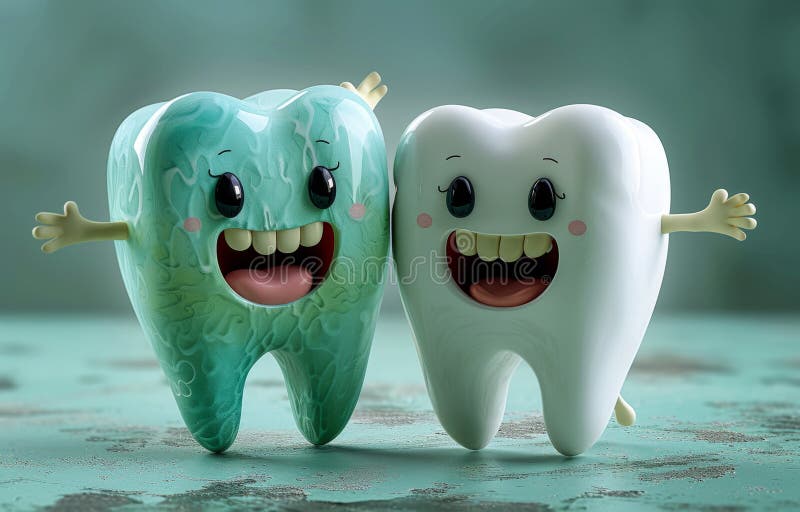 Two Funny Cartoon Teeth are Smiling on Green Background Stock Image ...