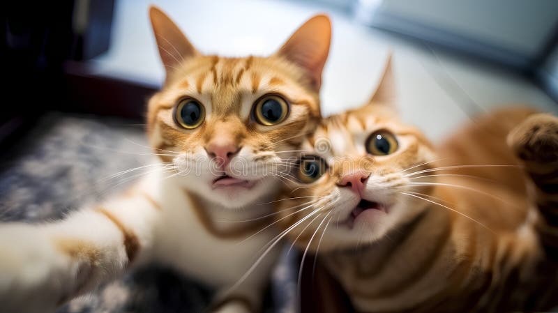Two Funny Cats are Looking at the Camera with Great Interest, Taking ...