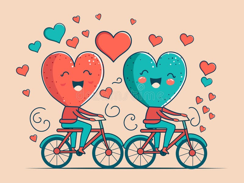 Two Funny Heart Shape Characters Riding on Their Bicycle for Love Stock ...