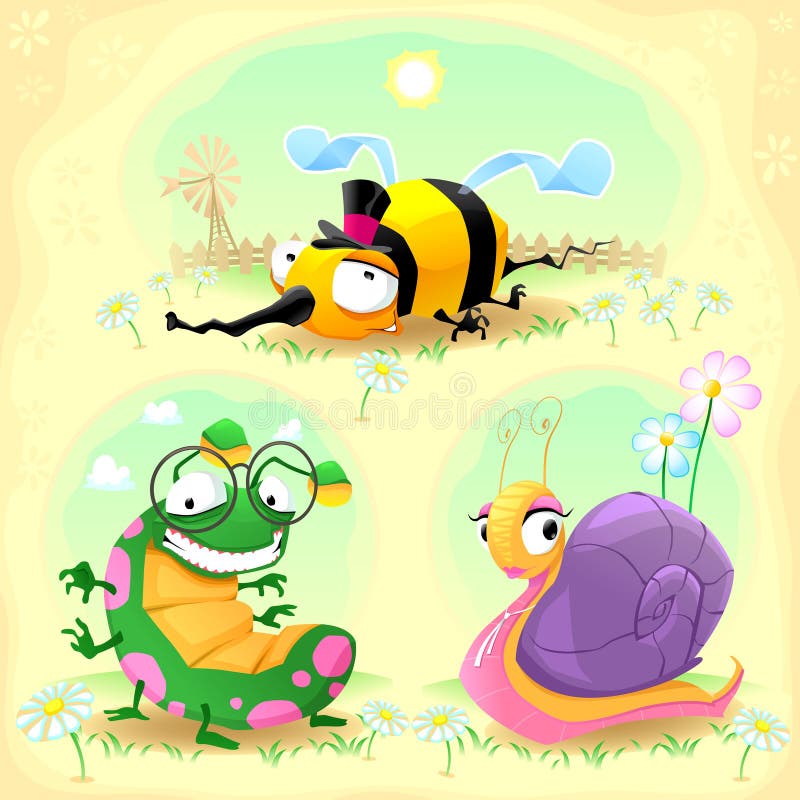 Cartoon Insects on Nature Rural Scene Stock Vector - Illustration of ...