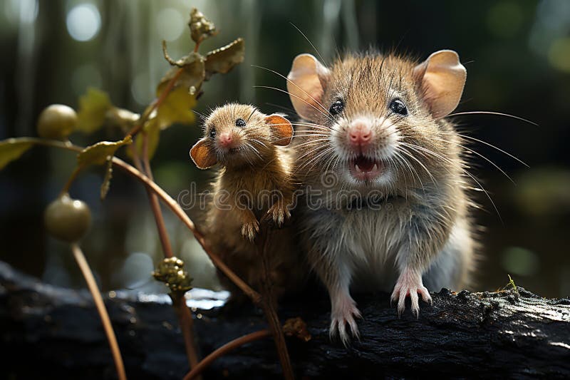 Two Funny Mice, Fat and Thin, in the Forest on a Tree Trunk, AI ...