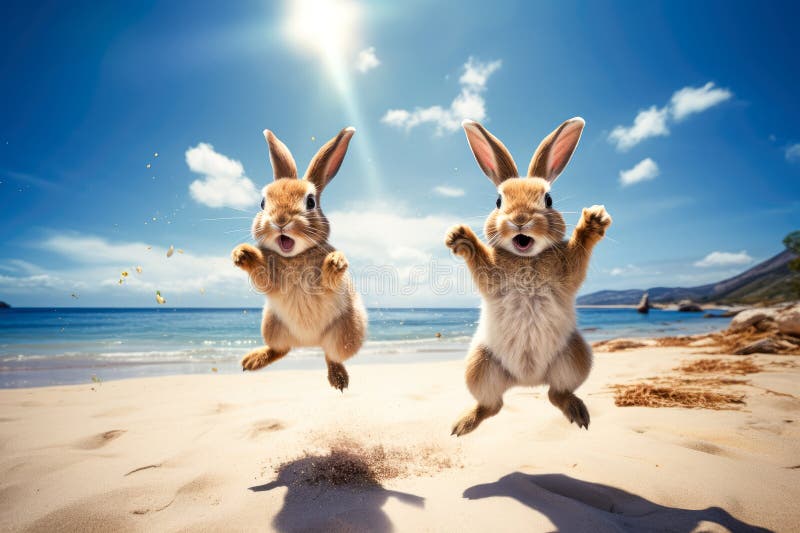 Two Funny Rabbits Jumping on the Beach Stock Image - Image of freshness ...