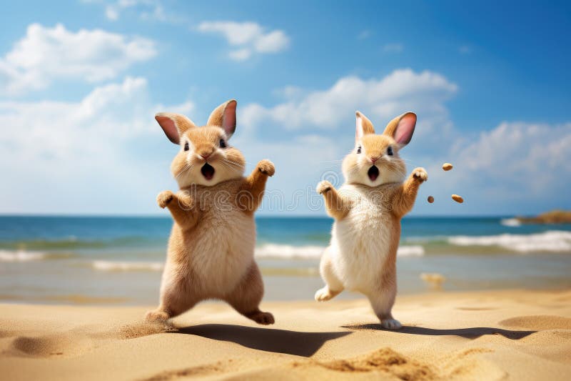 Two Funny Rabbits Jumping on the Beach Stock Photo - Image of freshness ...