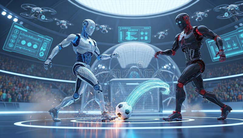 Two Futuristic AI Robots Playing Soccer in High-Tech Stadium with ...