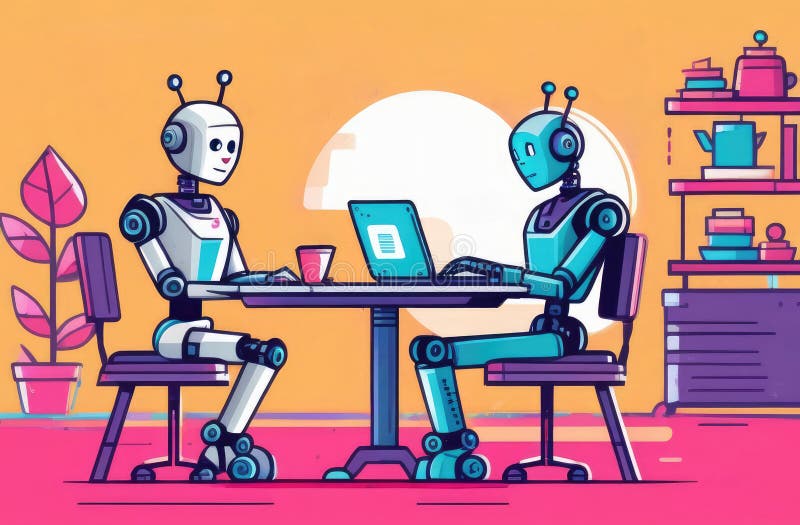 Two Futuristic Android Robots Sitting at Cafe Table or at Home, Future ...