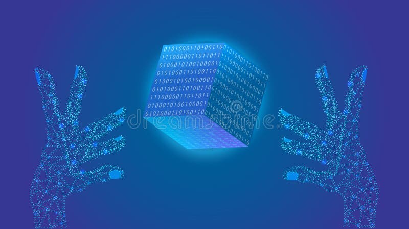 Two Futuristic Hands And A Cube With Binary Code Stock Vector