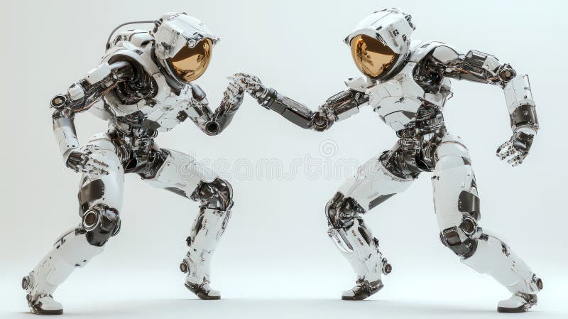 Two Futuristic Robotic Figures in a Dynamic Pose Suggesting Interaction ...